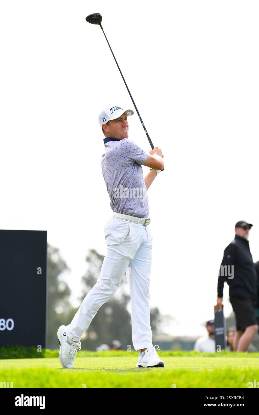 LA JOLLA, CA - FEBRUARY 16: Justin Thomas follows his shot during the ...