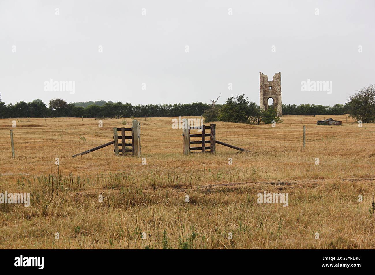 The ruined church tower in the abandoned village of Godwick, Norfolk ...
