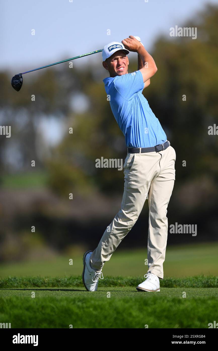 LA JOLLA, CA - FEBRUARY 16: Sam Stevens follows his shot from the ...