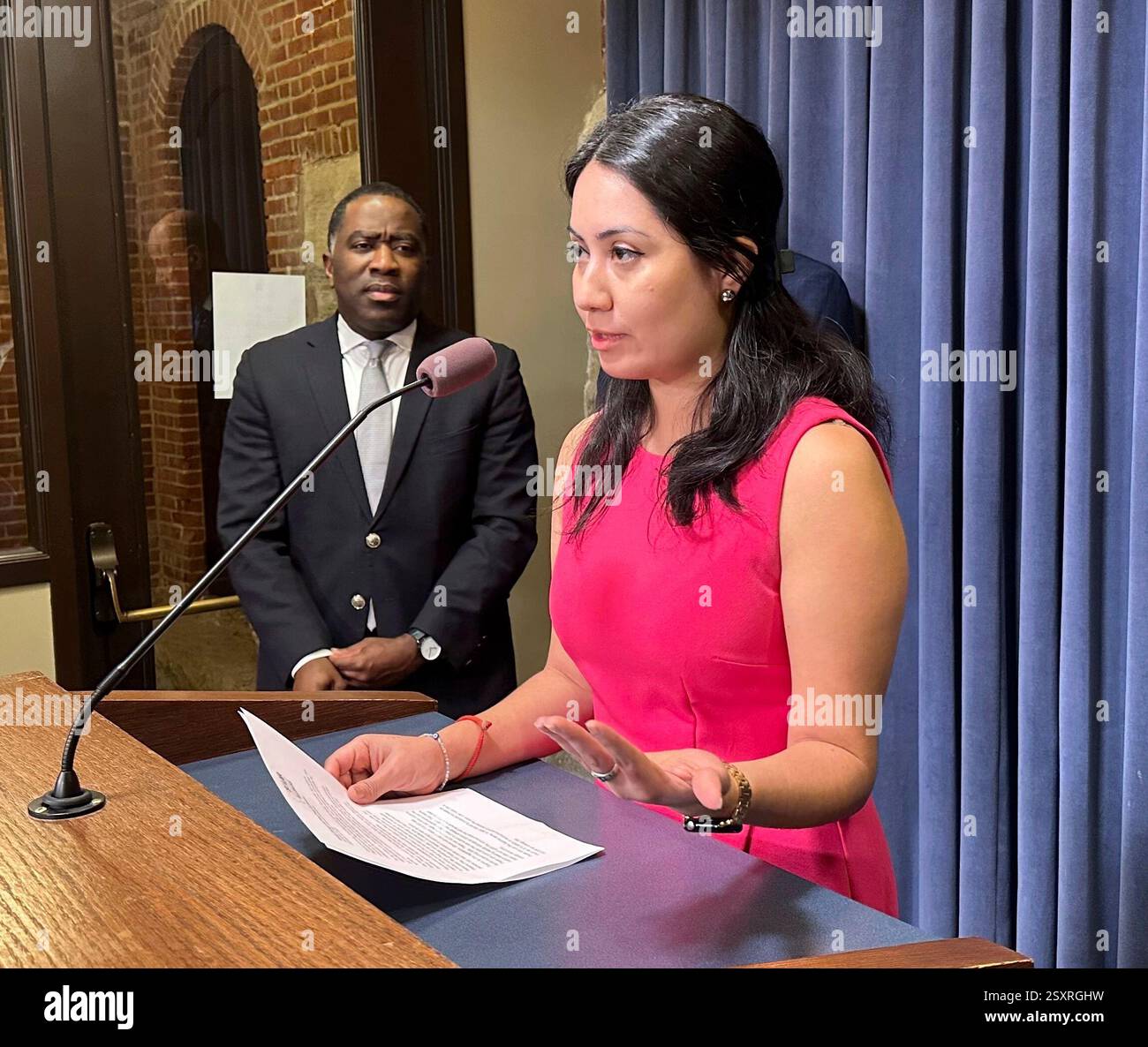 Rep. Barbara Hernandez, D-Aurora, gives a news conference at the state ...