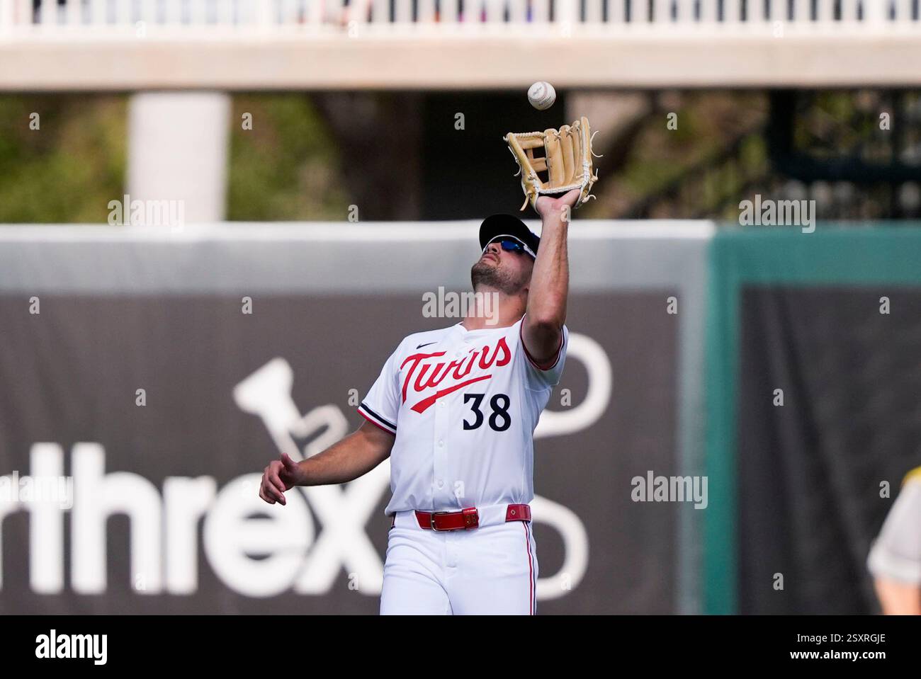 Minnesota Twins outfielder Matt Wallner (38) fields a fly out by New ...