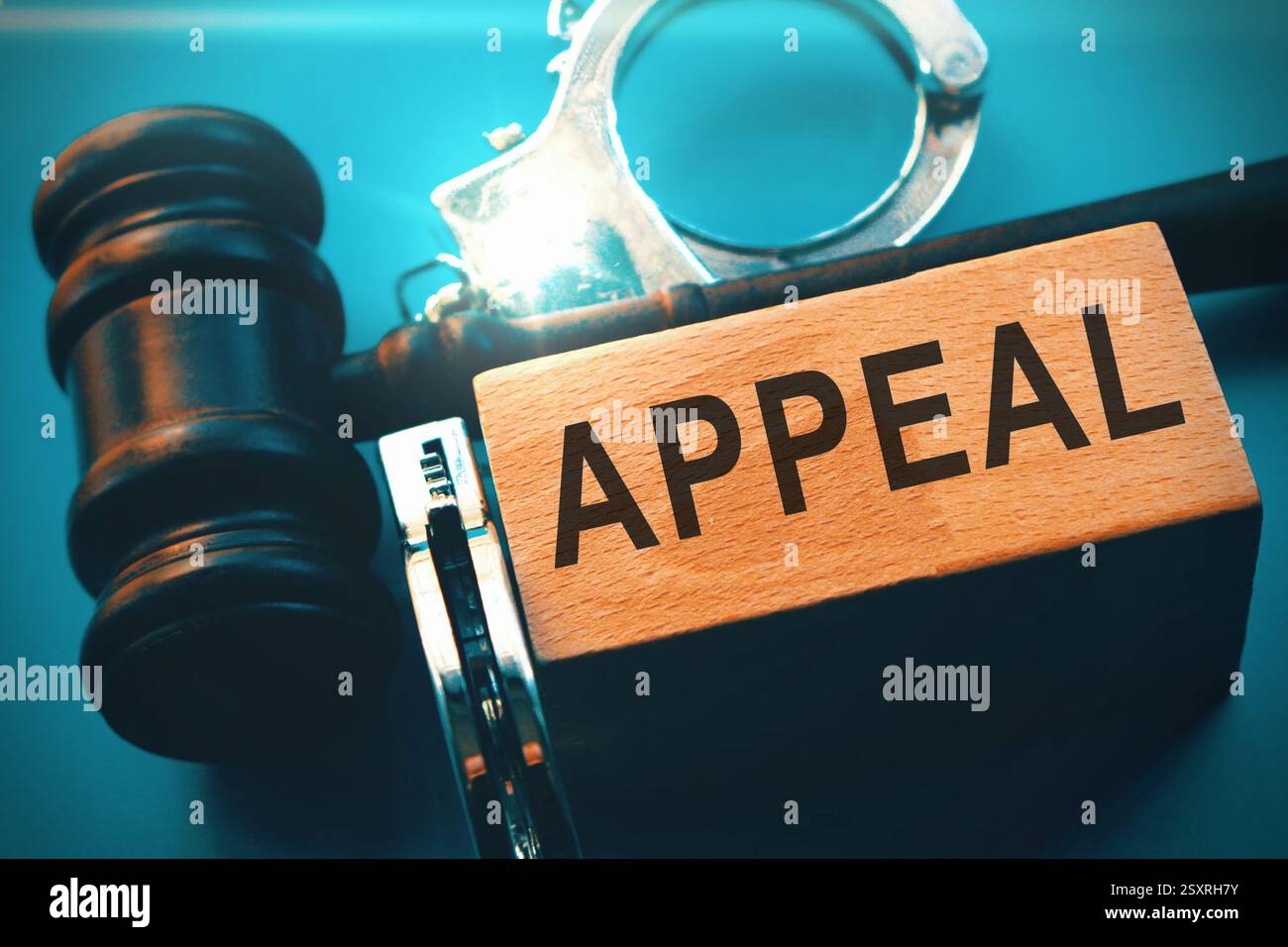 Word APPEAL composed of wooden letters. Statue of Themis and judge's ...