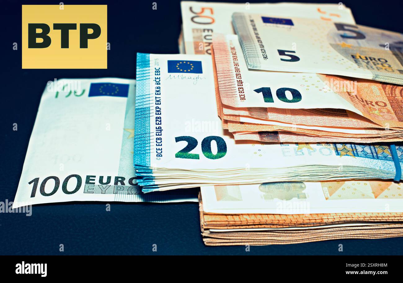 European banknotes with the text "BTP" translating as Italian ...