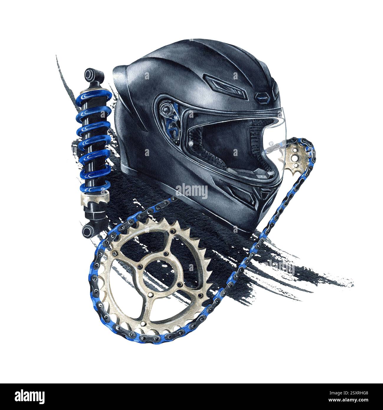 Motorcyclist helmet, chain and absorber on watercolor black spot. Moto ...