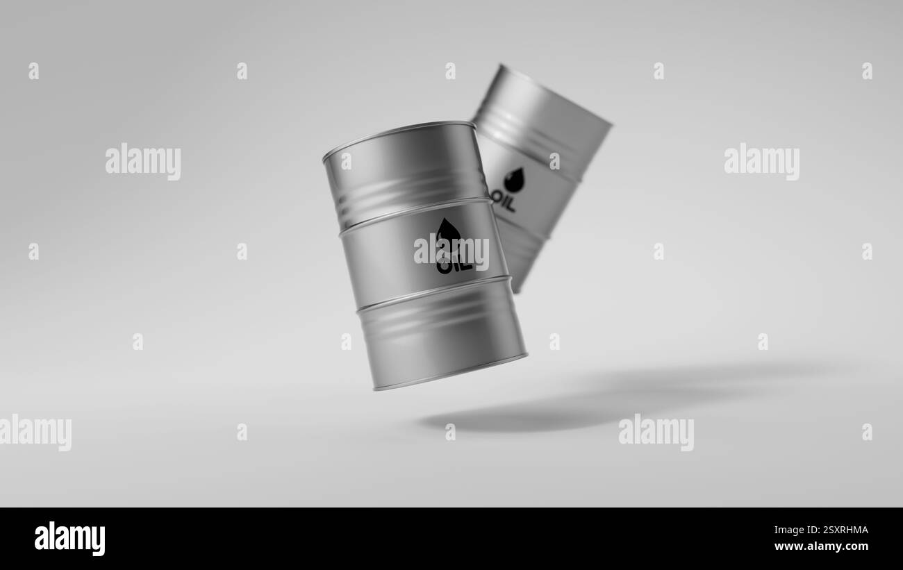 Two floating silver metal oil barrels on white background. Front view ...