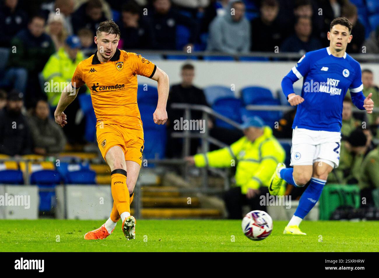 Cardiff, UK. 25th Feb, 2025. Charlie Hughes of Hull City in action. EFL ...