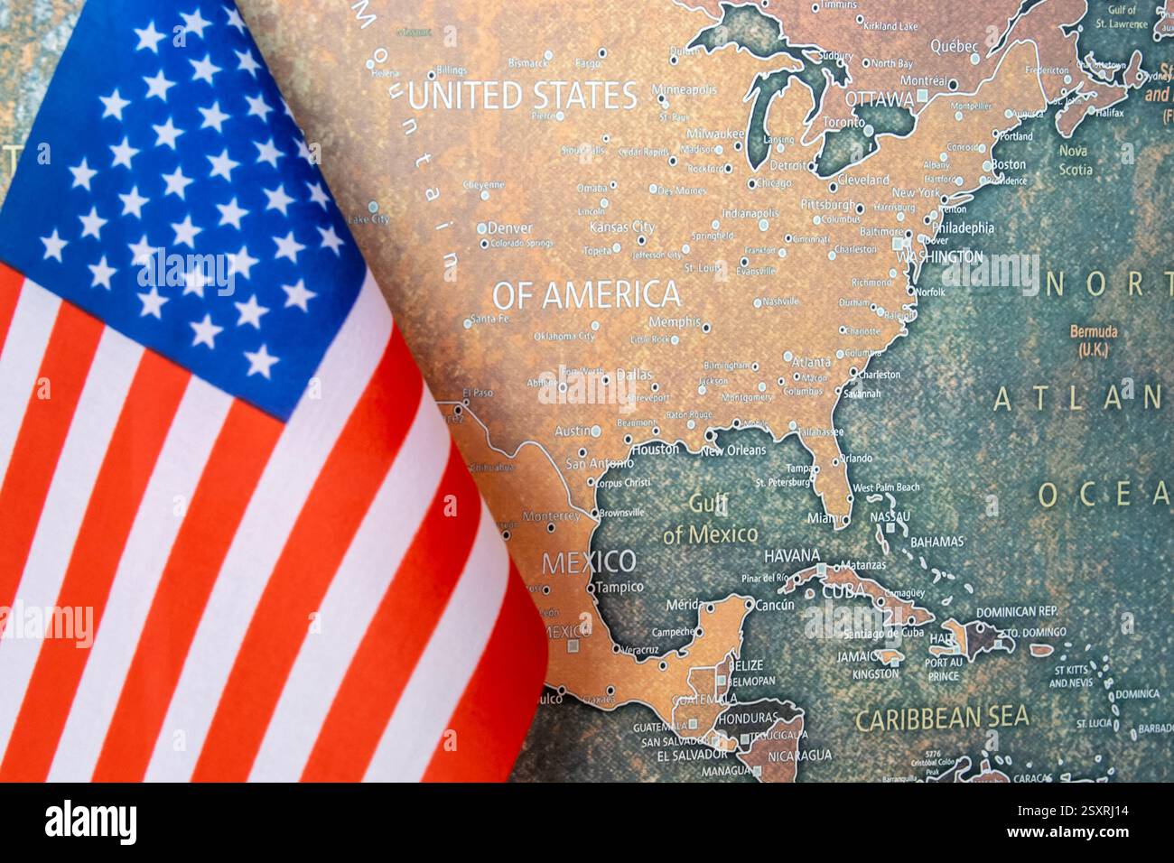 National flag of United States of America on the world map background ...