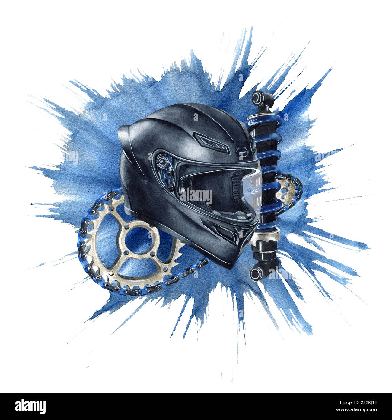 Motorcyclist helmet, chain, shock absorber on watercolor splash. Hand ...
