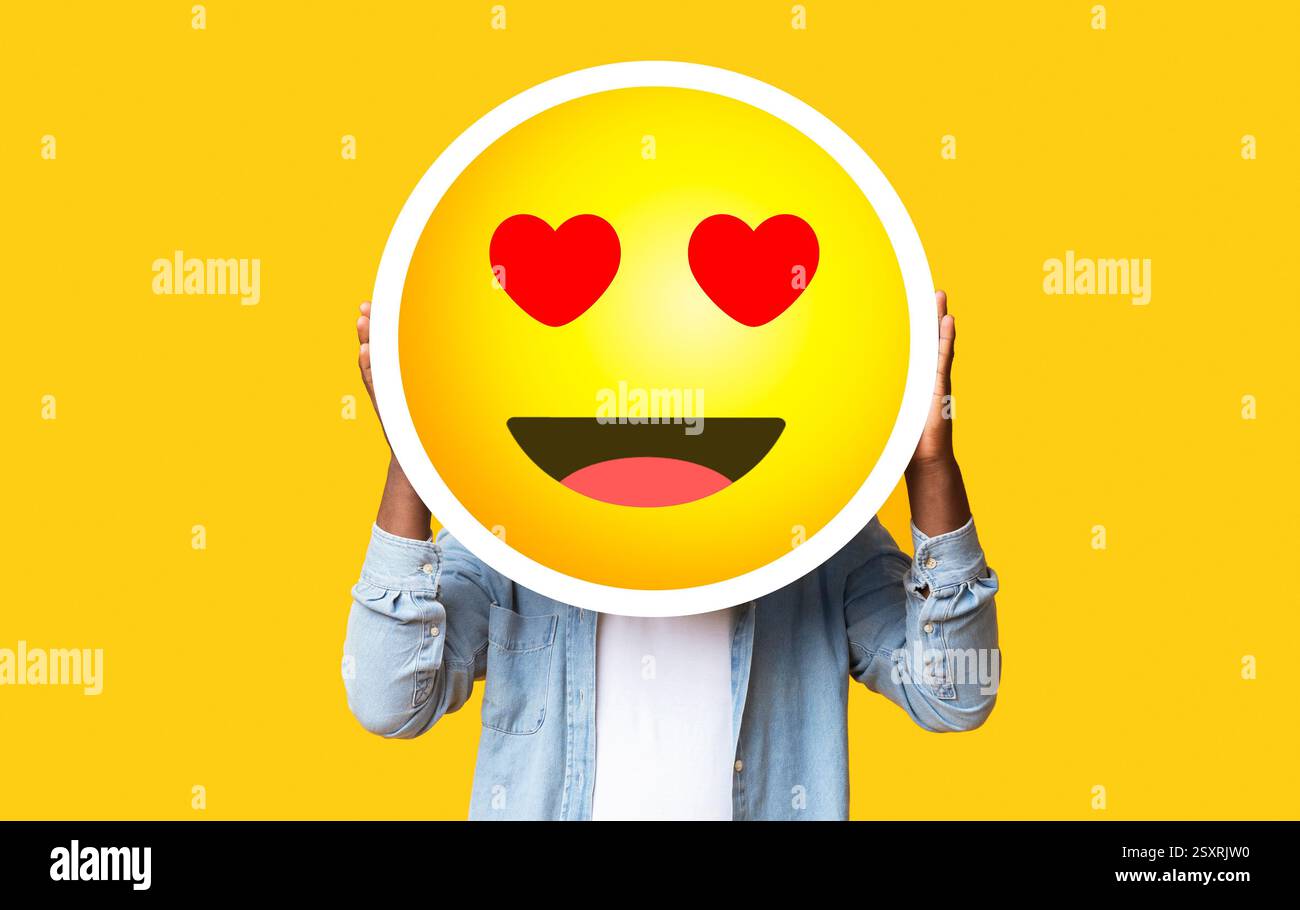 I Love Emoji. Unrecognizable Black Man Hiding Face Against Romantic ...