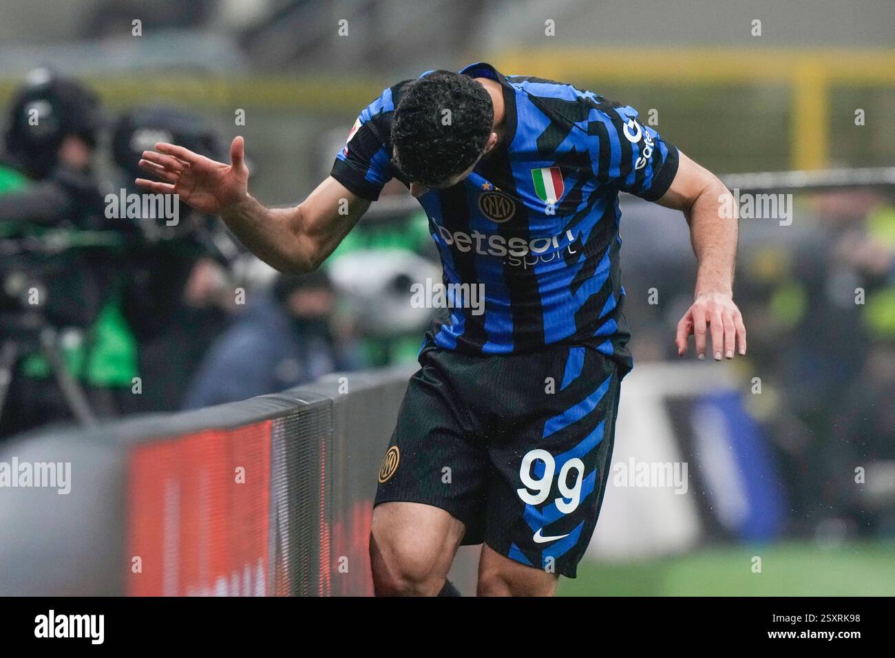 Inter Milan's Mehdi Taremi reacts after missing a scoring chance during ...