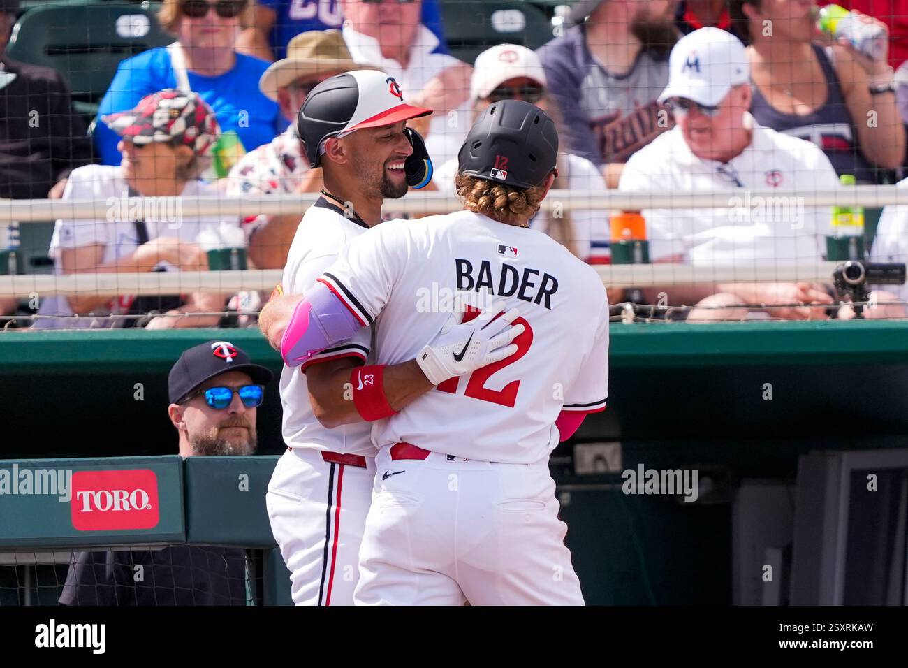Minnesota Twins Harrison Bader (12) is greeted by Royce Lewis after his ...