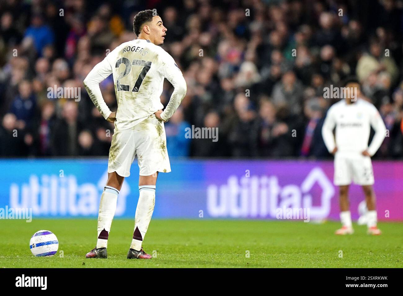 Aston Villa's Morgan Rogers (left) and team-mate react after Crystal ...