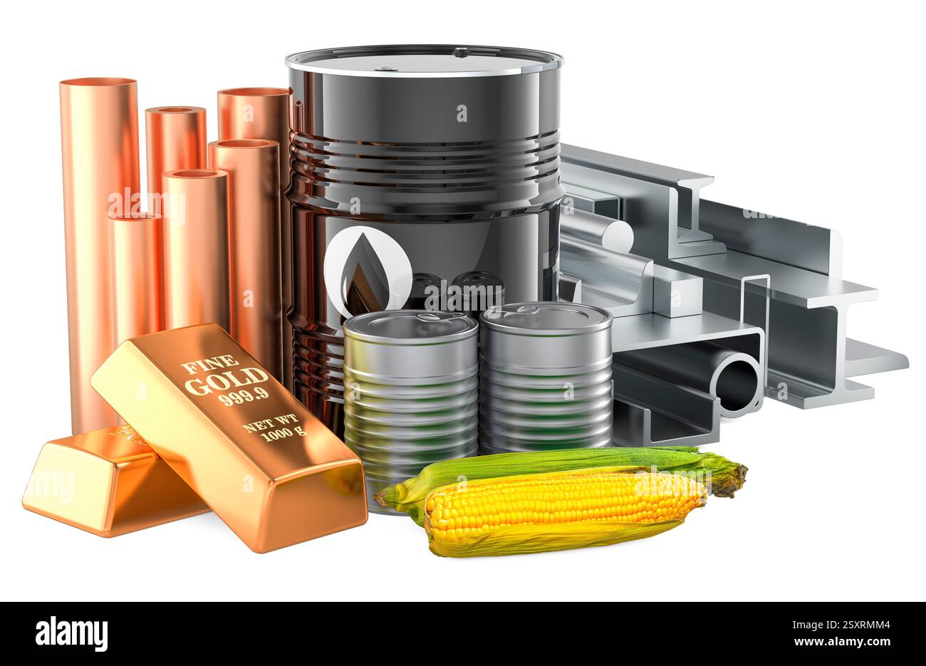 Commodities, economic resource. Oil, corn, gold ingots and rolled metal ...