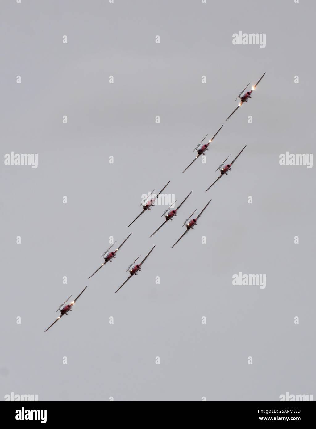 Nine red and white training airplanes are flying in close formation ...