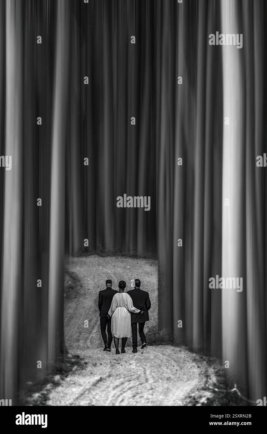 Three business people walking down a path through an abstract forest in ...