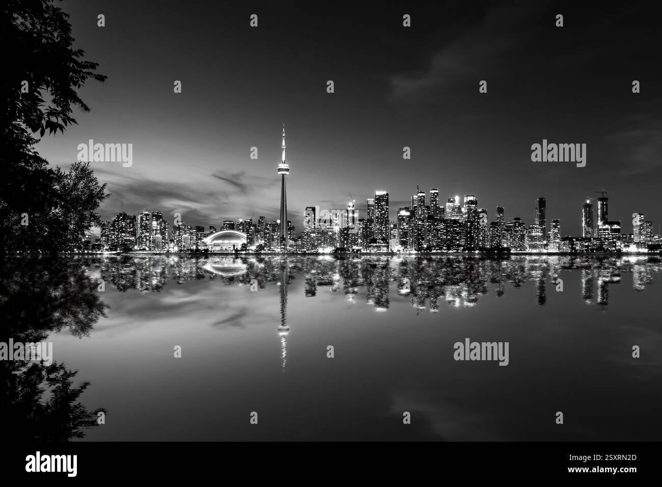 Black and white panoramic view of toronto skyline reflecting in lake ...