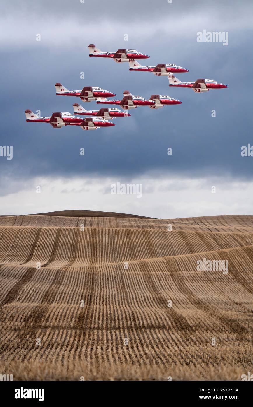 The canadian snowbirds demonstration team flying over the palouse hills ...