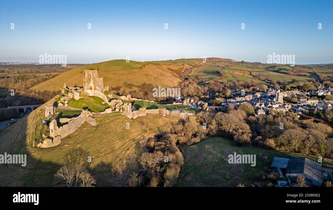 Aerial view of Corfe Castle in Dorset Stock Photo - Alamy