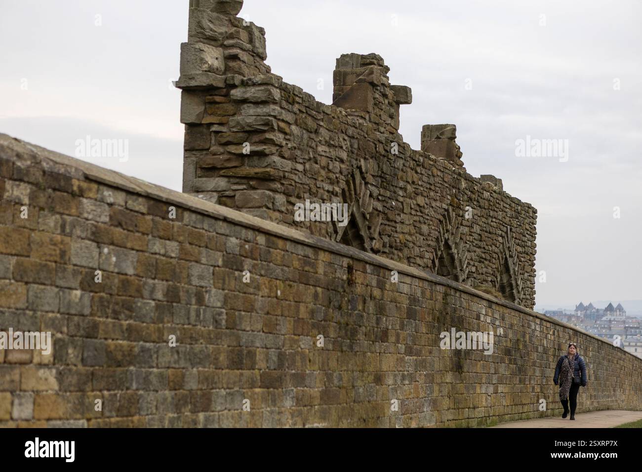 Whitby Abbey overlooking the North Sea on the East Cliff above Whitby ...