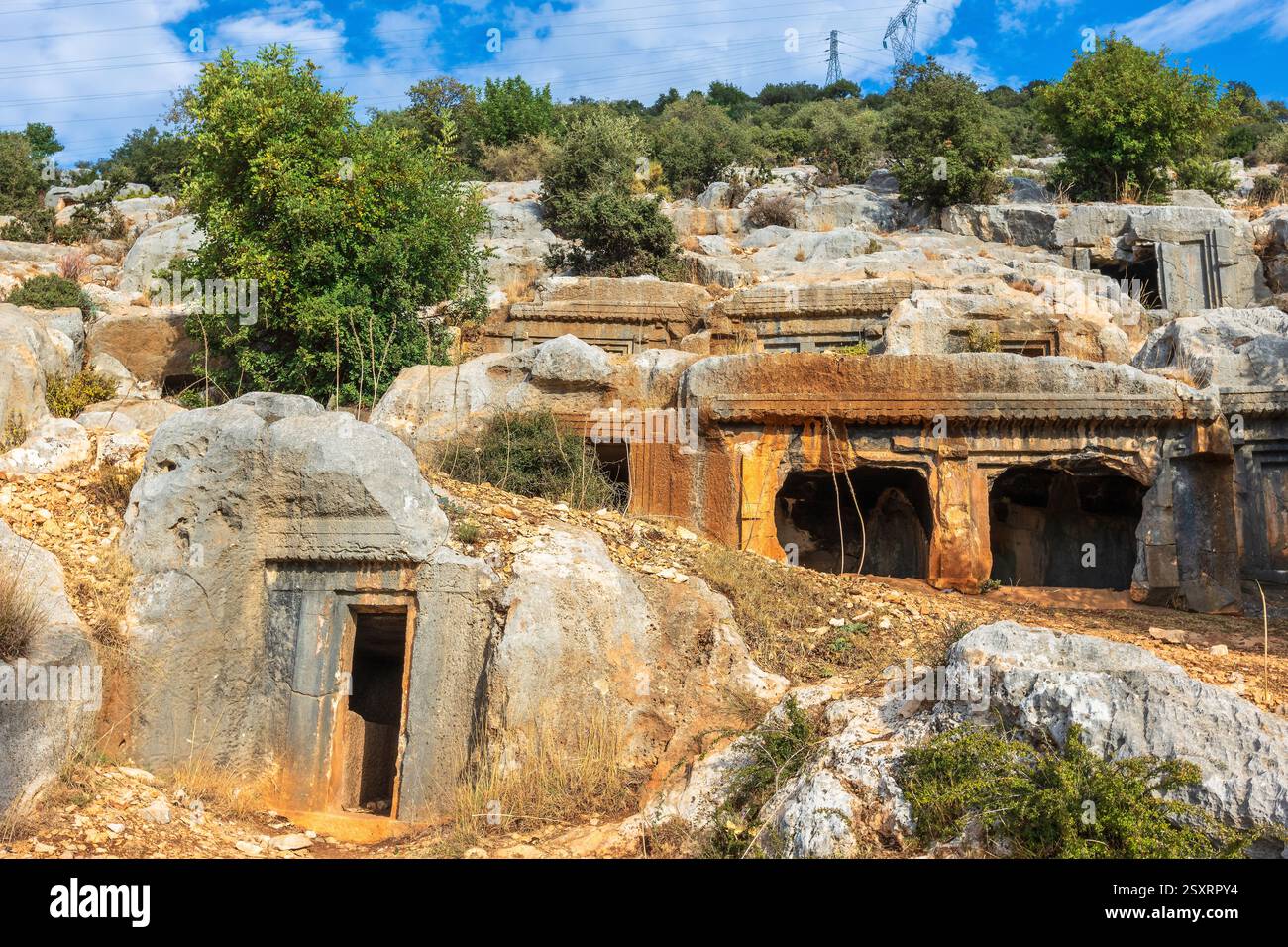 Ruins of Lycian house-type tombs at Lymra Ancient City, Antalya, Turkey ...