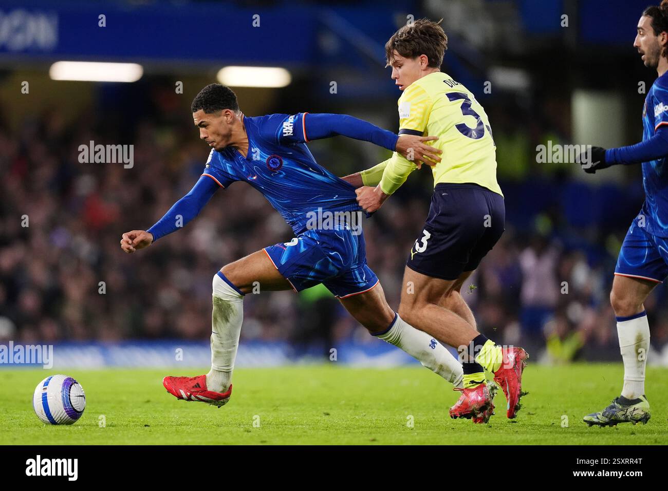 Chelsea's Levi Colwill (left) and Southampton's Tyler Dibling battle ...