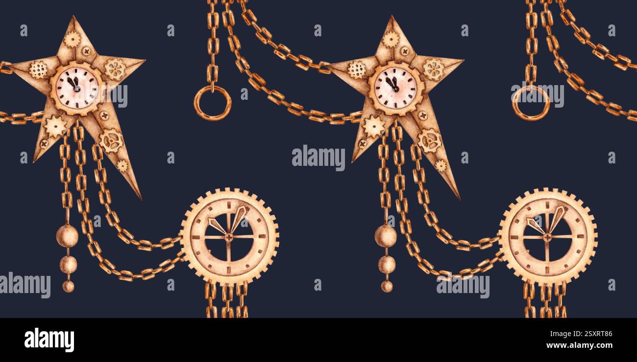 Gold chains, hanging stripes, star, rings, gears watercolor ...
