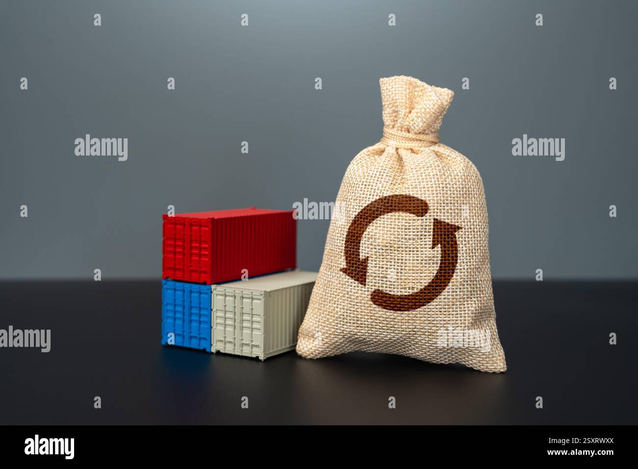 Bag with symbol of exchange and trade turnover, next to sea containers ...