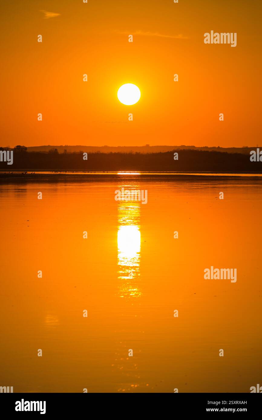 Sun is setting over a body of water. The water is calm and the sun is ...