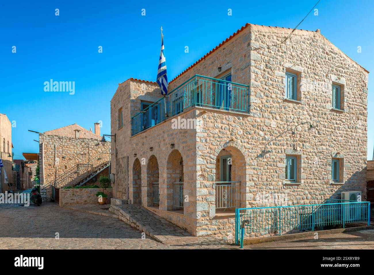 Traditional stone house in the old town of Areopolis, in East Mani ...