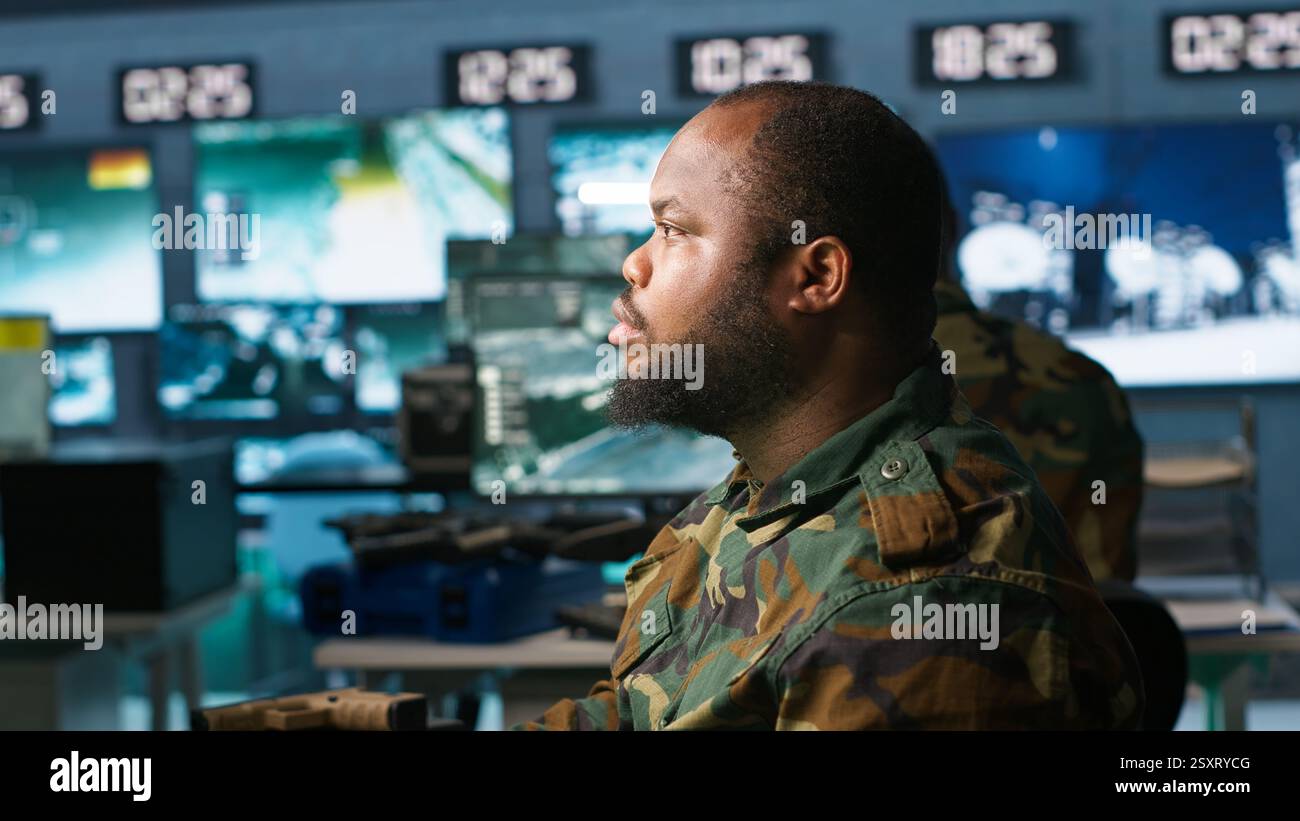 Officer doing tasks in military base, planning, analyzing and gathering ...