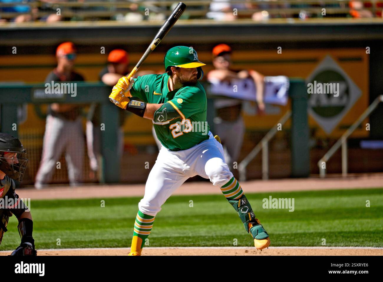 The Athletics' Shea Langeliers hits against the San Francisco Giants ...
