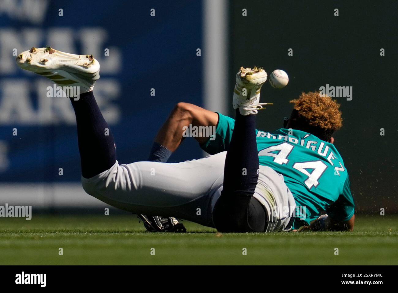 Seattle Mariners center fielder Julio Rodriguez fields a single hit by ...