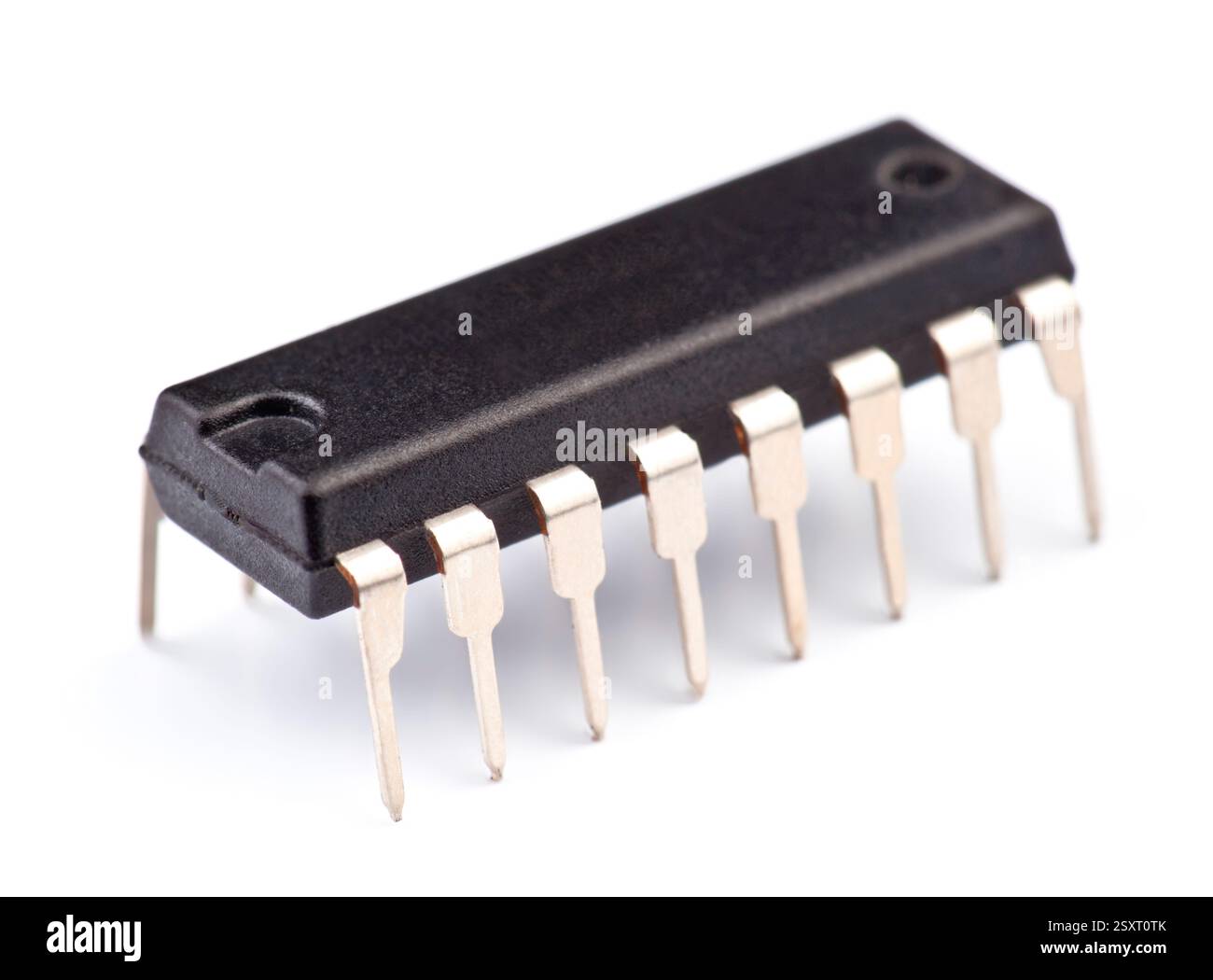 A close-up of a microchip, highlighting its compact design and metal pins. This component is ...