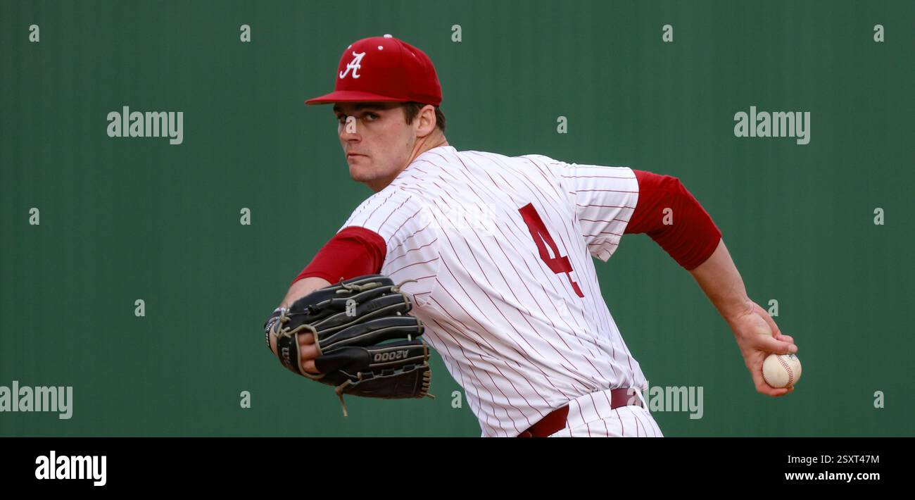 Alabama pitcher Riley Quick throws a pitch during an NCAA baseball game ...