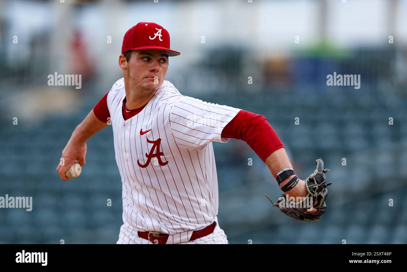 Alabama pitcher Riley Quick throws a pitch during an NCAA baseball game ...