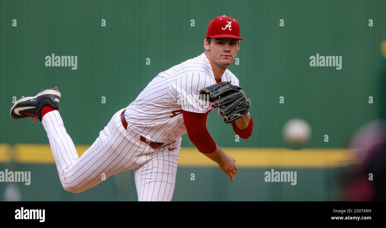 Alabama pitcher Riley Quick throws a pitch during an NCAA baseball game ...