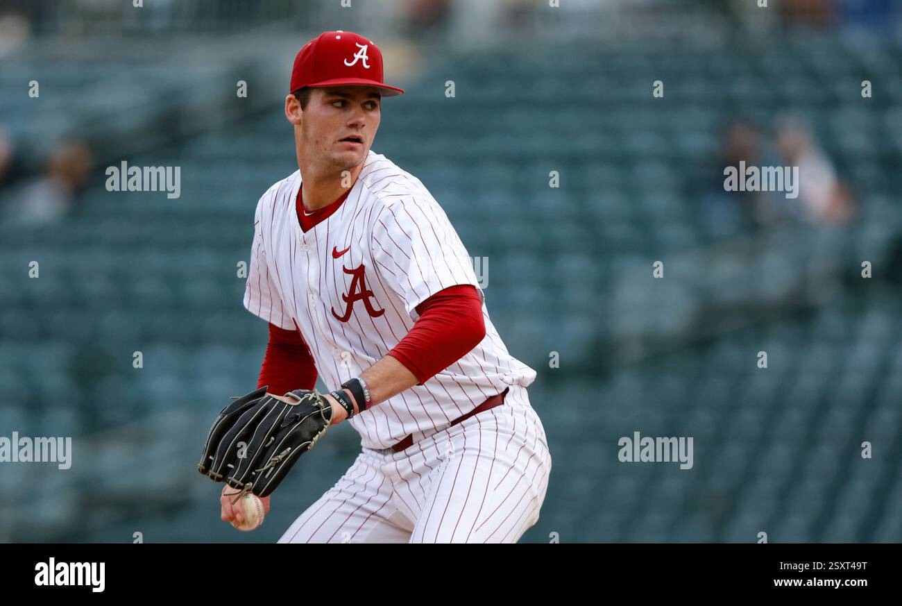 Alabama pitcher Riley Quick throws a pitch during an NCAA baseball game ...