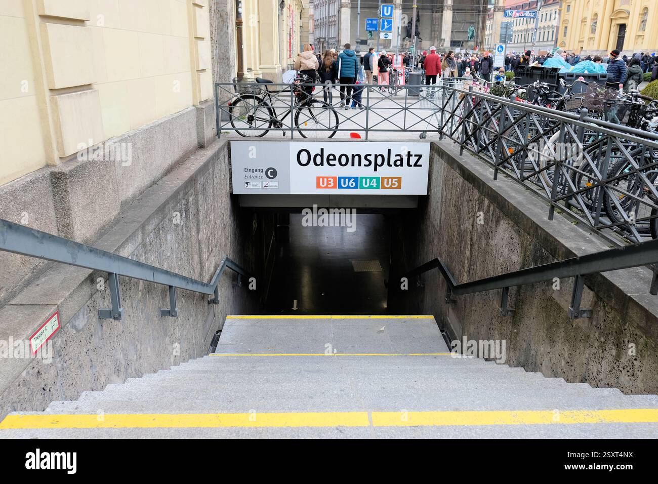 Stairs and entrance to the Odeonsplatz U-Bahn interchange station in downtown Munich, Germany ...