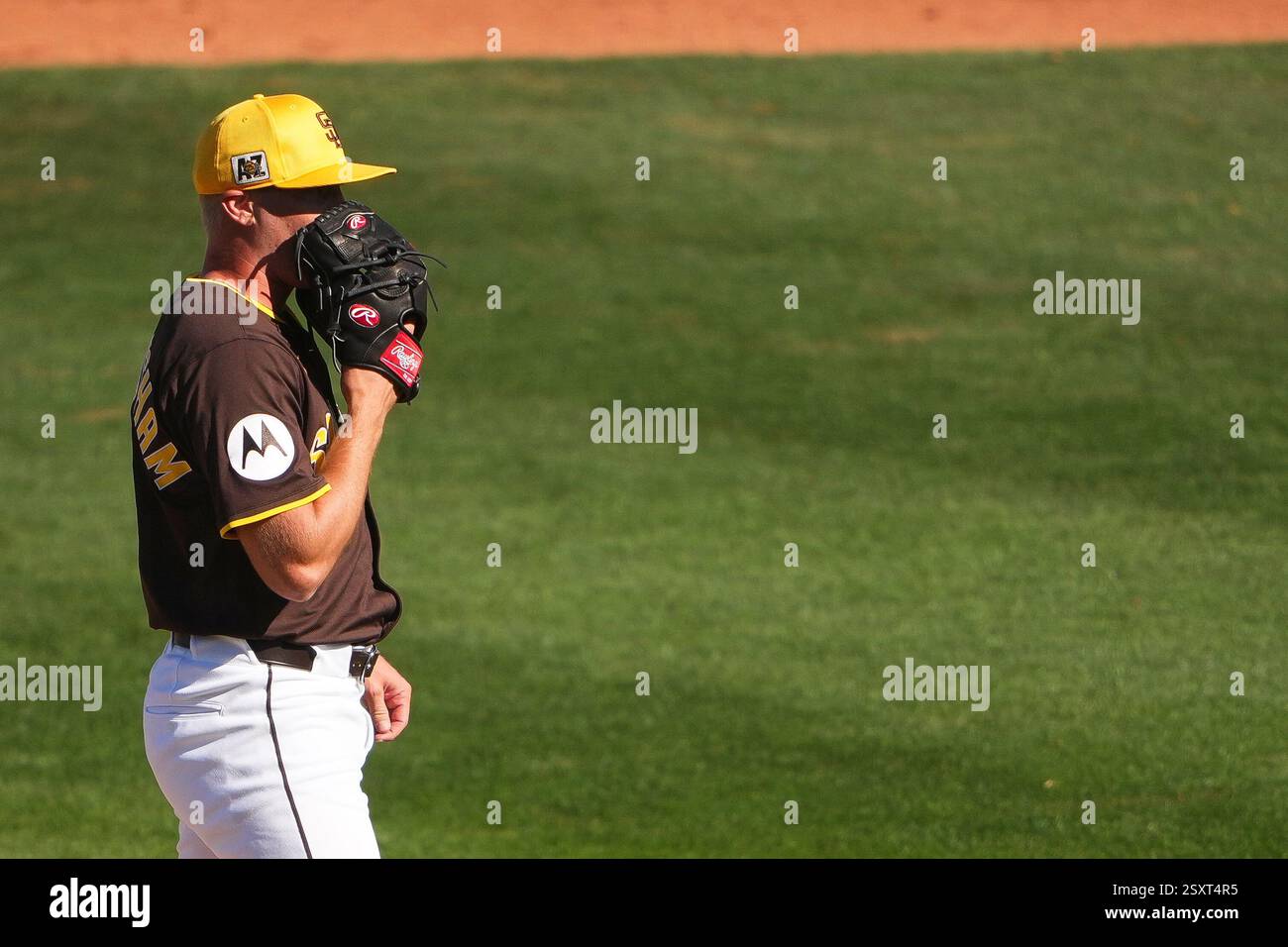 San Diego Padres relief pitcher Jake Higginbotham reacts after walking ...
