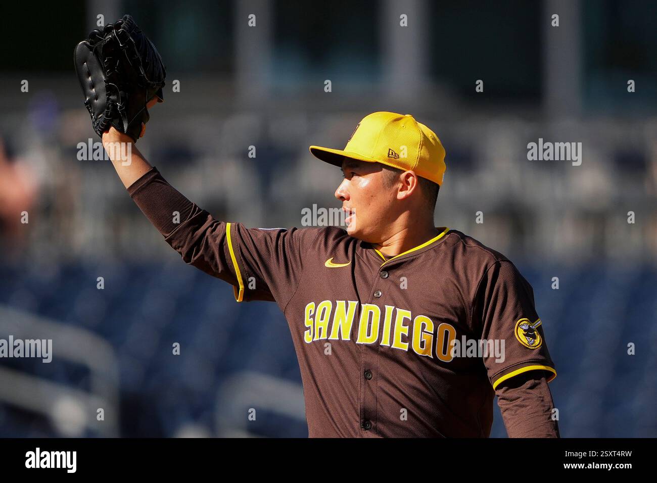 San Diego Padres relief pitcher Yuki Matsui receives the ball against ...