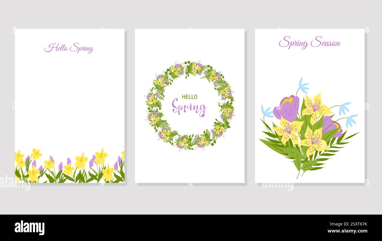 Hello Spring template poster or cards set. Spring flowers. Colorful ...