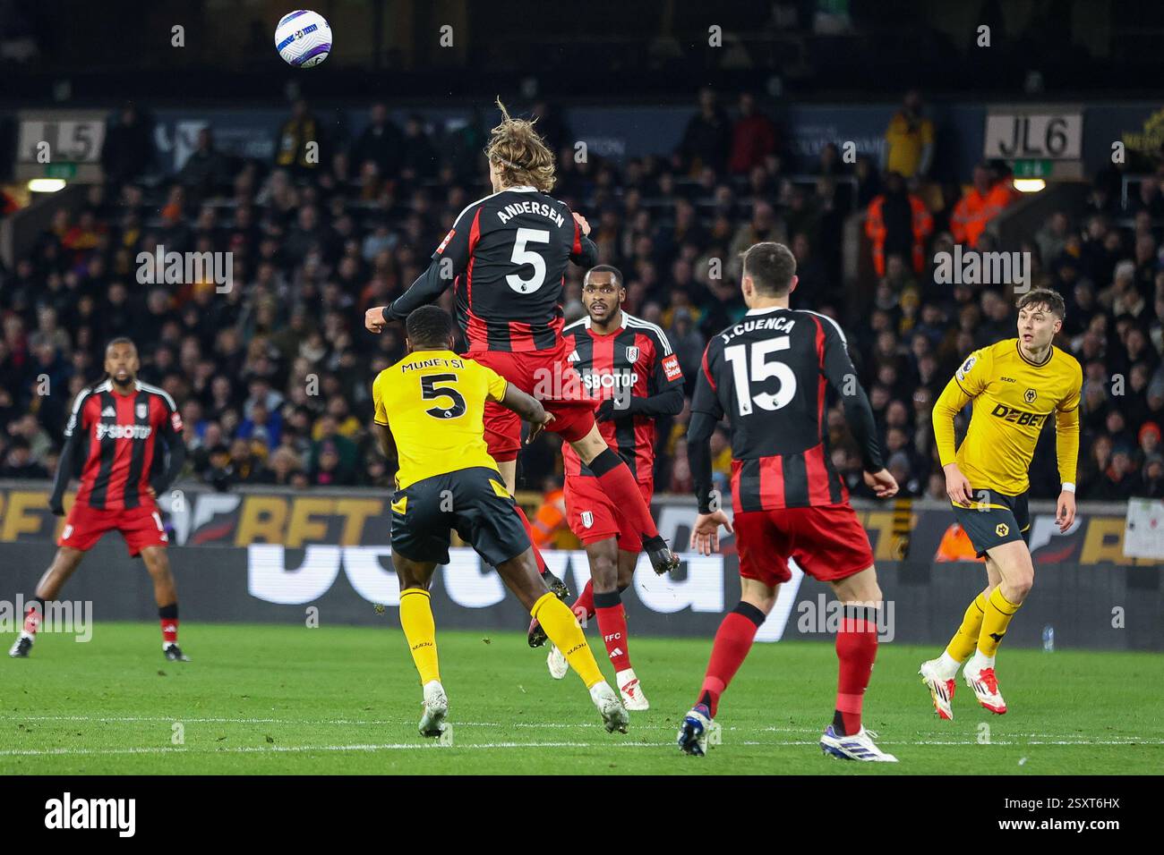 #5, Joachim Andersen of Fulham heads the ball away during the Premier ...