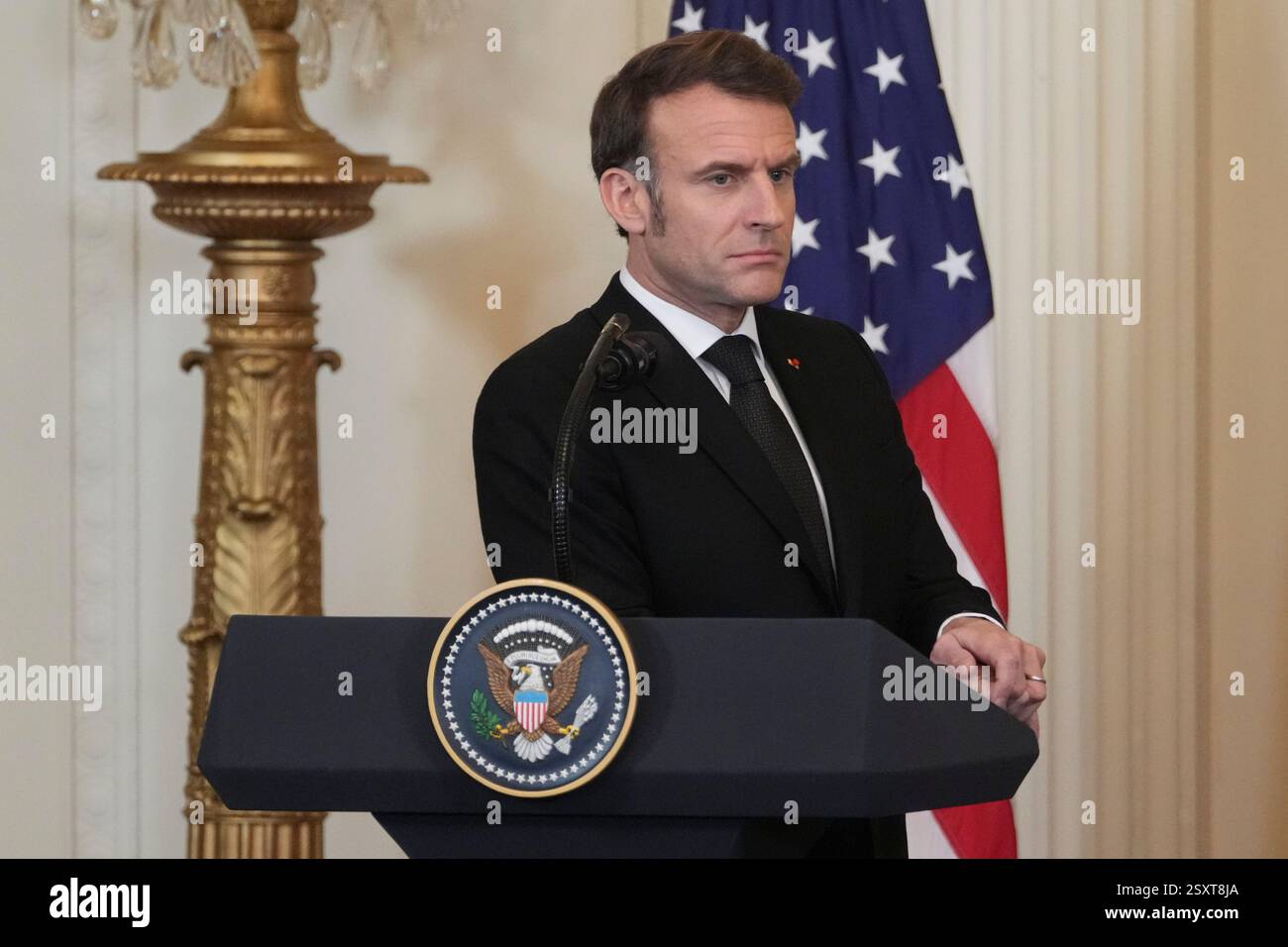 President Emmanuel Macron of France participates in a news conference ...