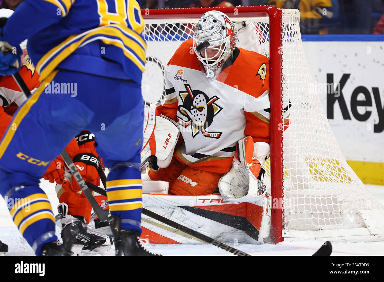 Anaheim Ducks goaltender Lukas Dostal (1) makes a save during the first ...