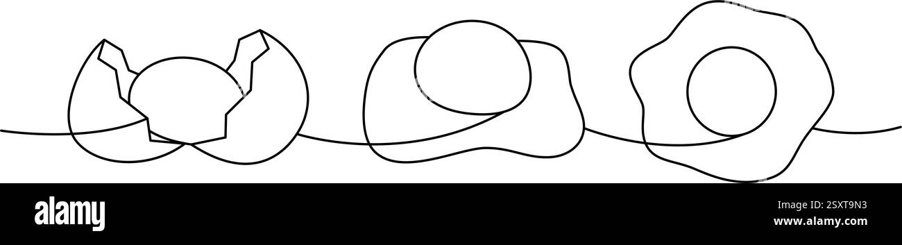Fresh eggs one line continuous drawing. Boiled eggs, broken eggshell, omelette, protein and yolk ...