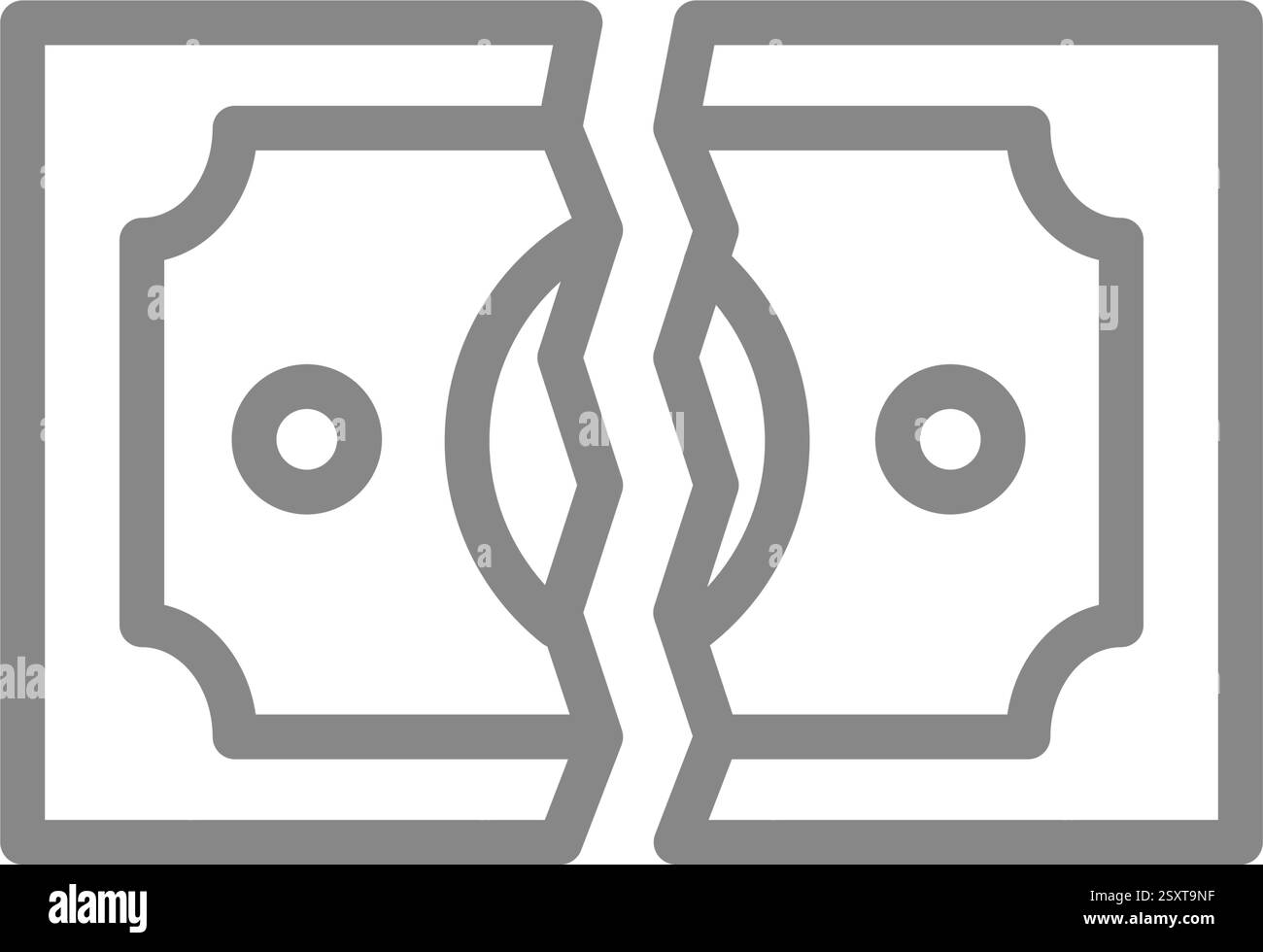 Money bill is torn in half line icon. Damaged banknote dollar symbol ...