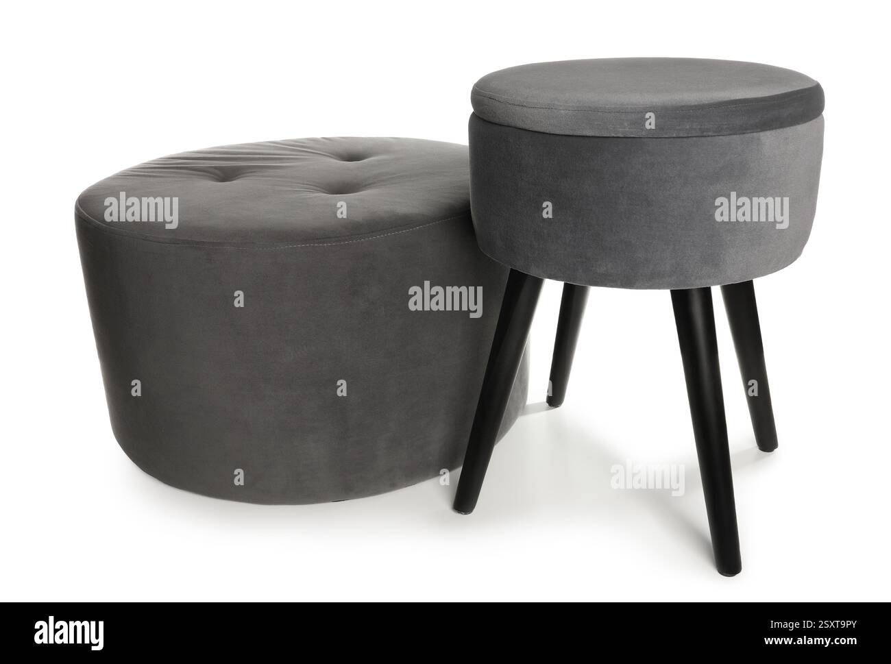 Stylish grey velvet stool and ottoman on white background Stock Photo ...