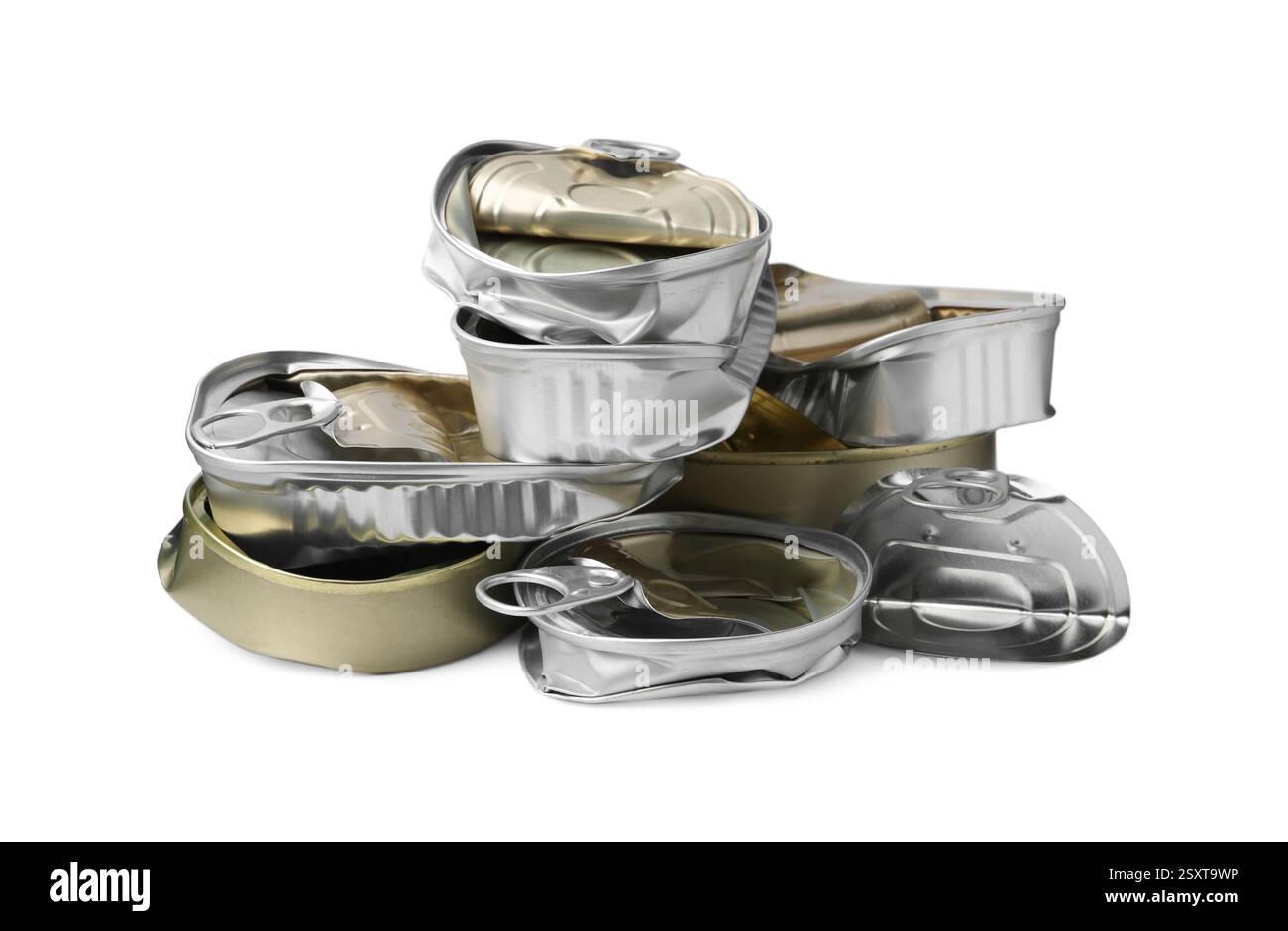 Many crumpled tin cans isolated on white Stock Photo - Alamy