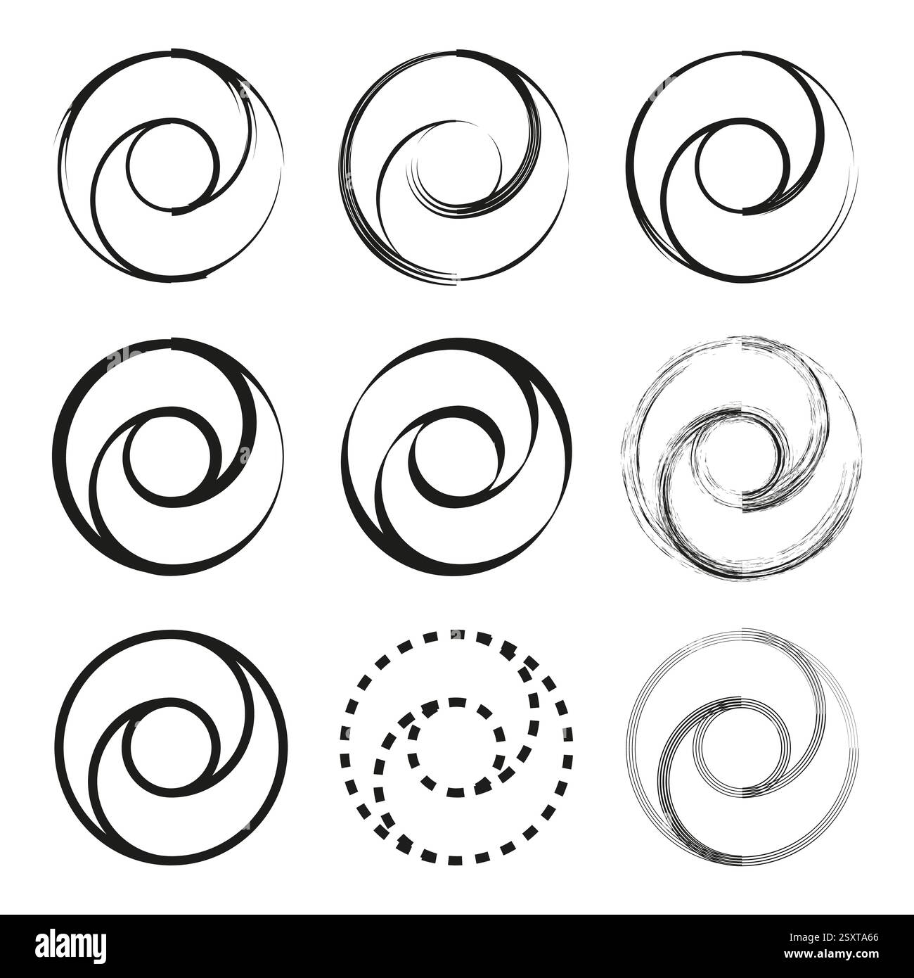 Nine spiral icons. Geometric abstract shapes. Circular rotating ...