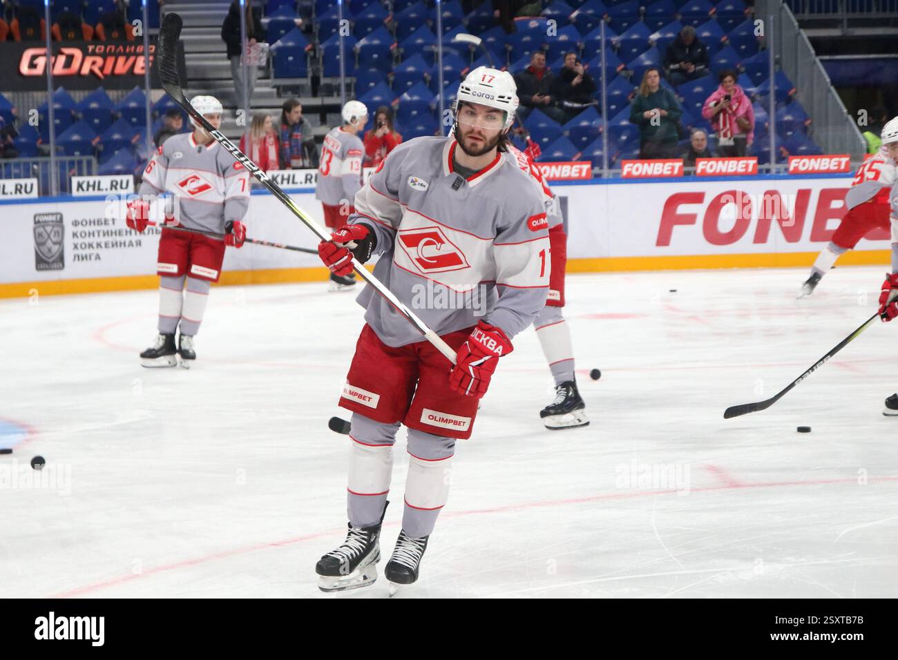 Ivan Morozov (17) of Spartak Hockey Club seen in action during the ...